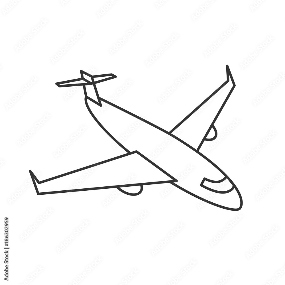 Black outline isolated airplane on white background. Line side view of ...