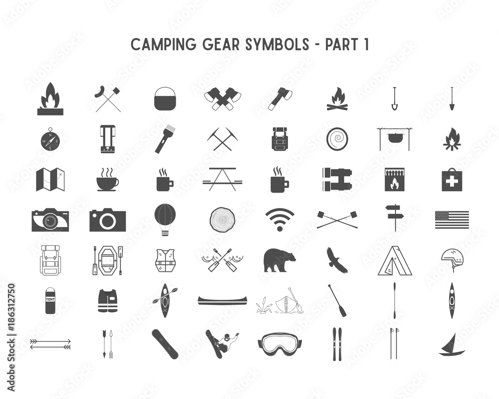 Set of silhouette icons and shapes with different outdoor gear, camping ...