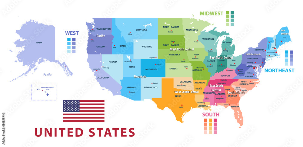 United States census bureau regions and divisions vector map. Flag of ...