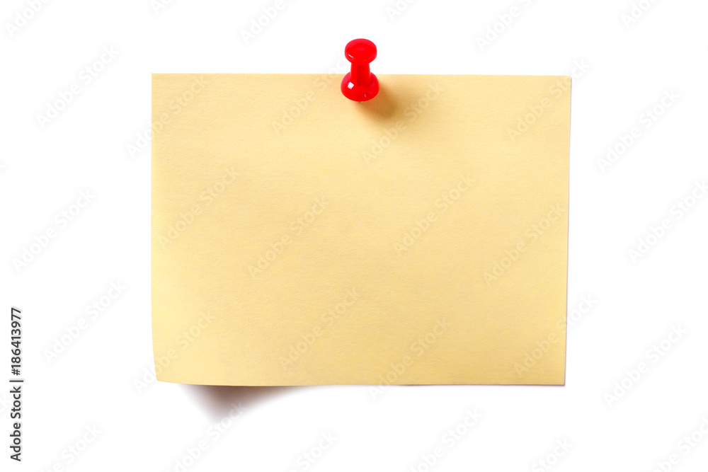 Yellow sticky oblong post it note one single with pushpin curled corner ...