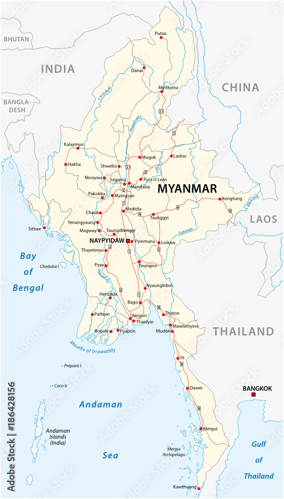 Myanmar vector road map with important cities Stock Vector | Adobe Stock