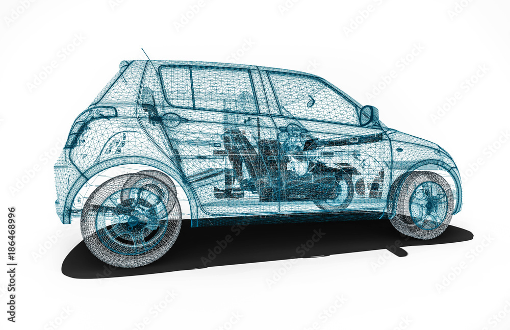 car development process / 3d render image of an car in wire frame ...