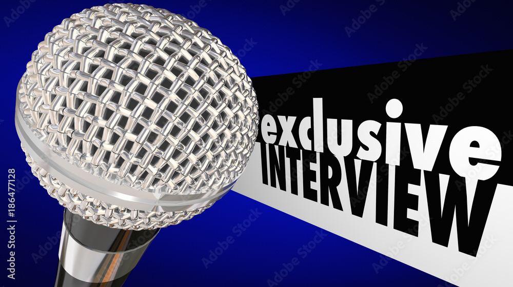 Stock-Foto „Exclusive Interview Microphone Questions Answers Show 3d Illustration“ | Adobe Stock
