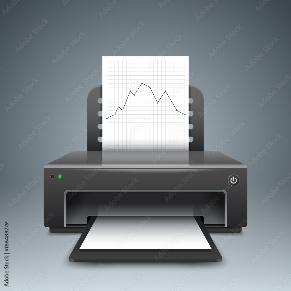 Realistic 3d printer. Business infographic. Paper A4, graph, cha Stock ...