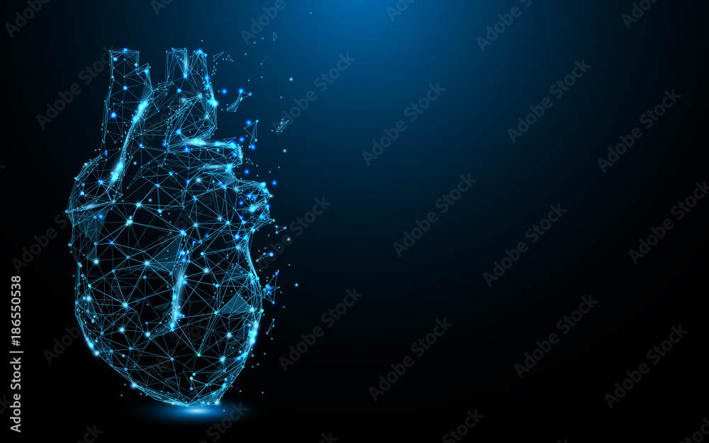 Abstract Heart icon form lines and triangles, point connecting network ...