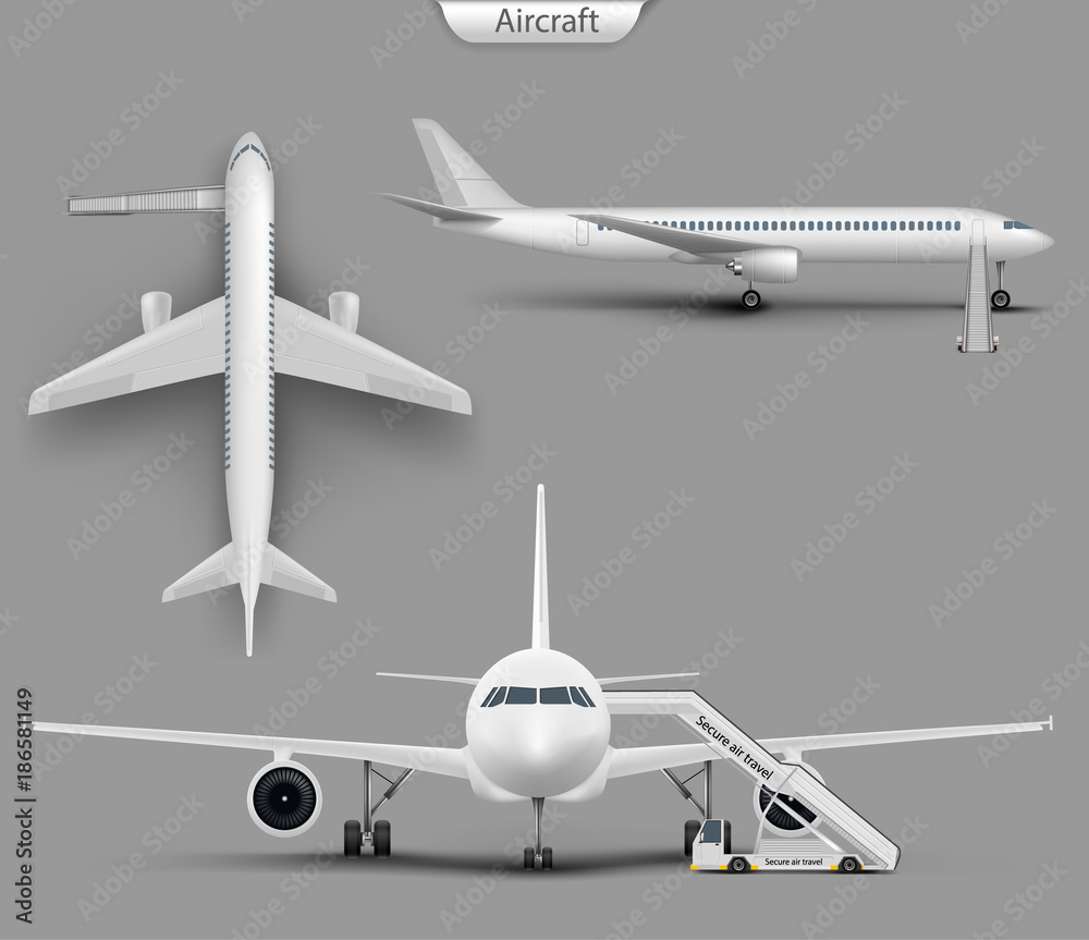 Vector realistic white aircraft mockup set. Blank airplane, airliner ...