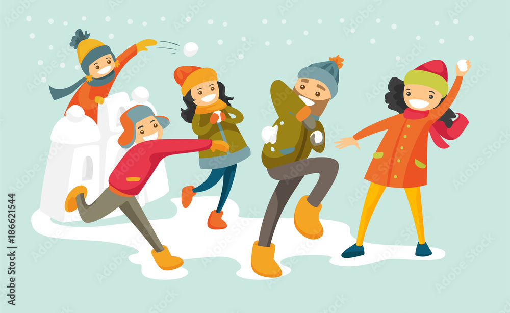 Young happy caucasian white family playing snowball fight and having ...