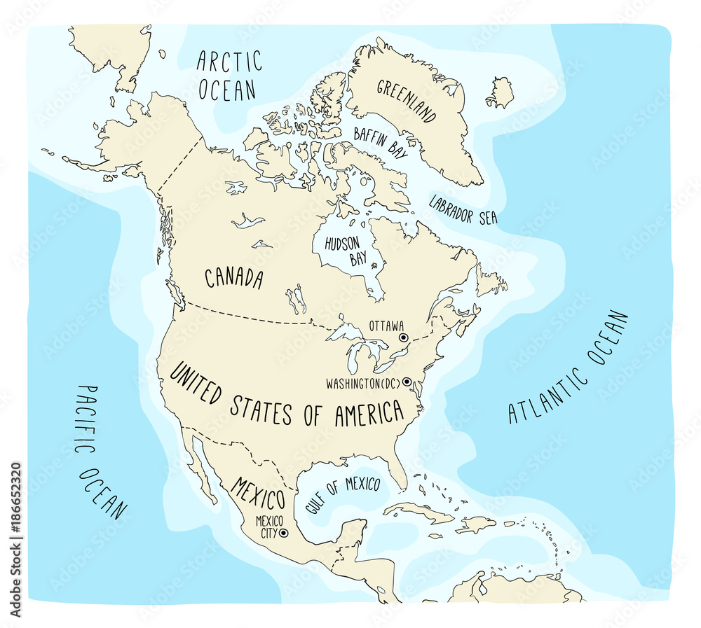 Hand drawn vector map of North America. Blueprint style cartography of ...
