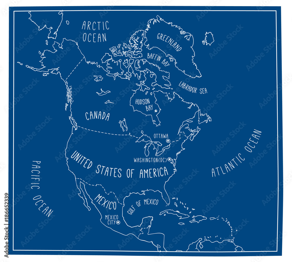 Hand drawn vector map of North America. Blueprint style cartography of ...