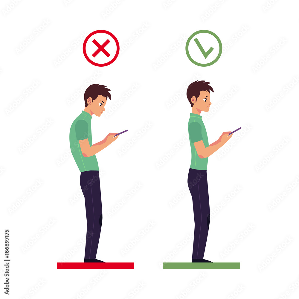 Correct and incorrect neck and spine alignment of young cartoon man ...