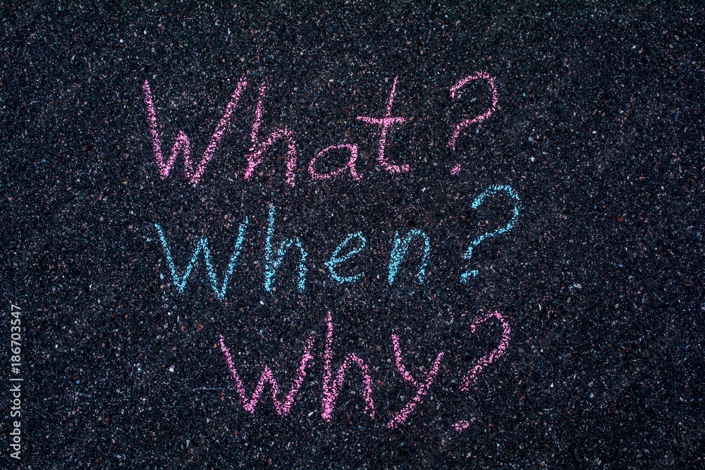 On asphalt road chalk painted the word "why" and question marks. Stock ...