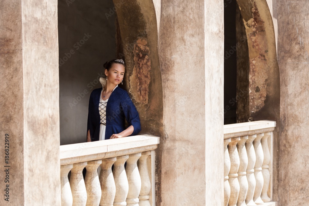 Elegant young princess gazing from medieval castle balcony Stock Photo ...