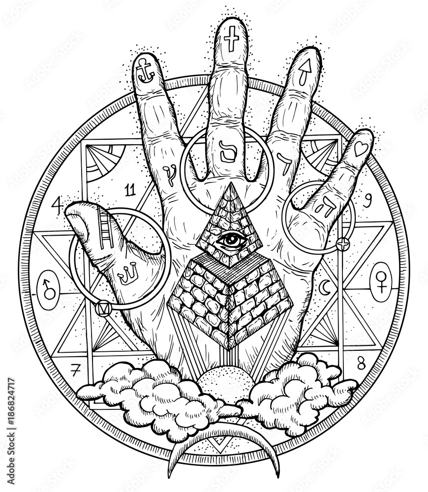 Graphic illustration with hand palm and mystic symbols. Freemasonry and ...