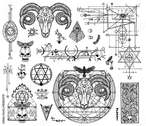 Design set with graphic drawings of mystic and religions and devil ...