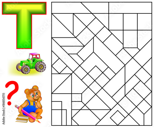 Educational page with letter T for study English letters. Logic puzzle ...