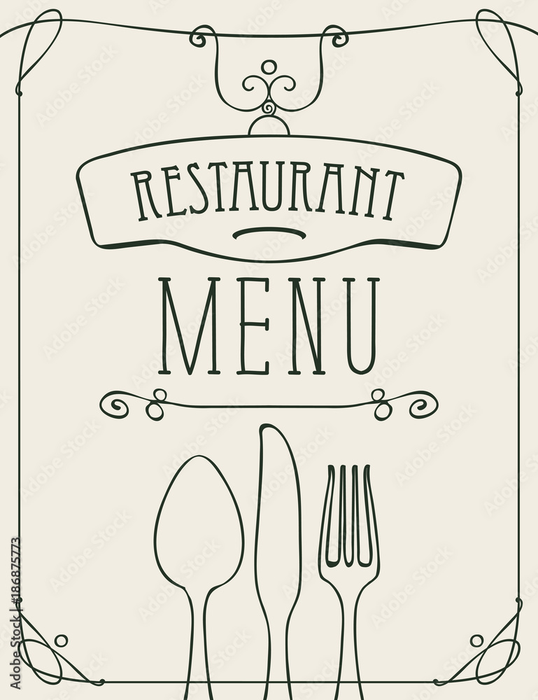 Template vector restaurant menu with contour drawing Cutlery and ...