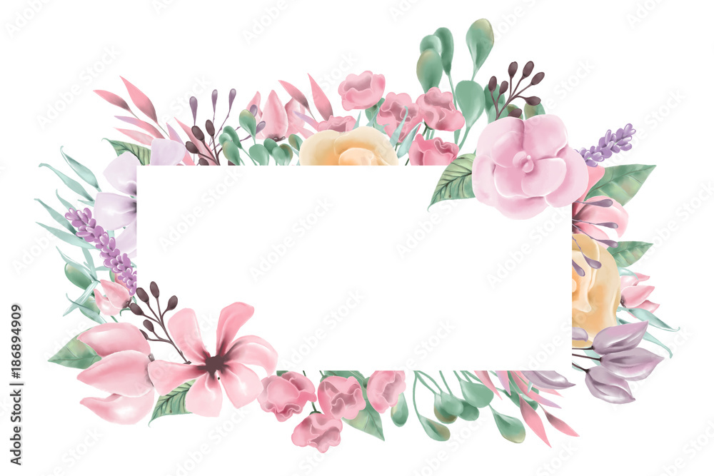 Beautiful watercolor flowers, floral wreath, square frame, border ...