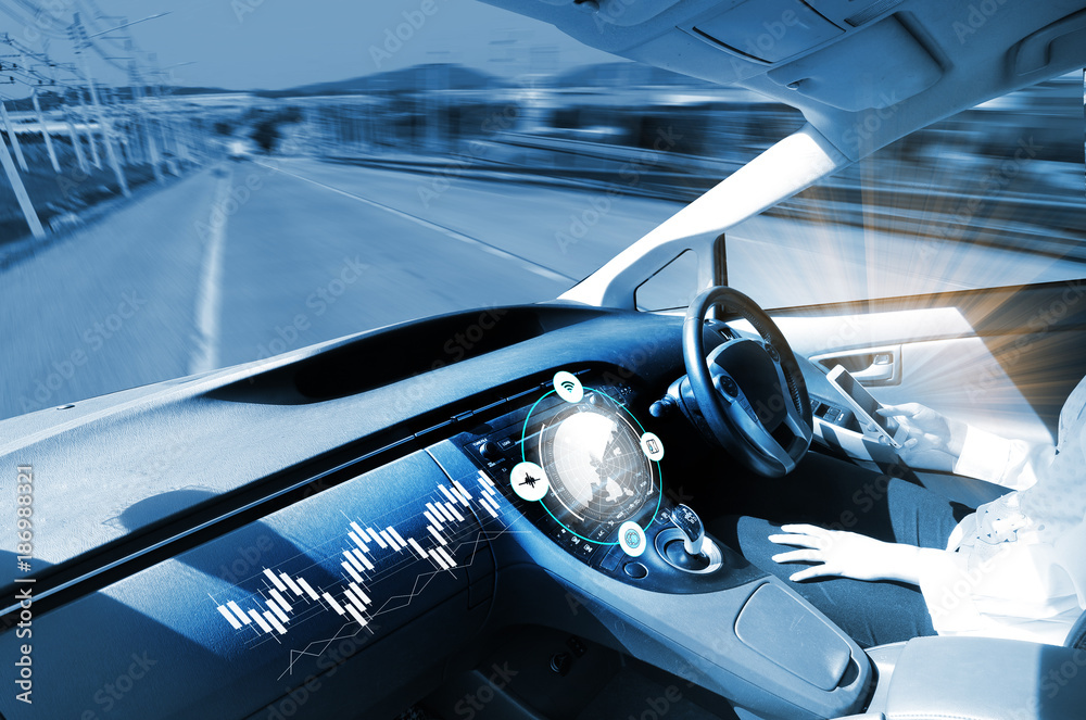 electric car or intelligent car.Heads up display(HUD).futuristic ...