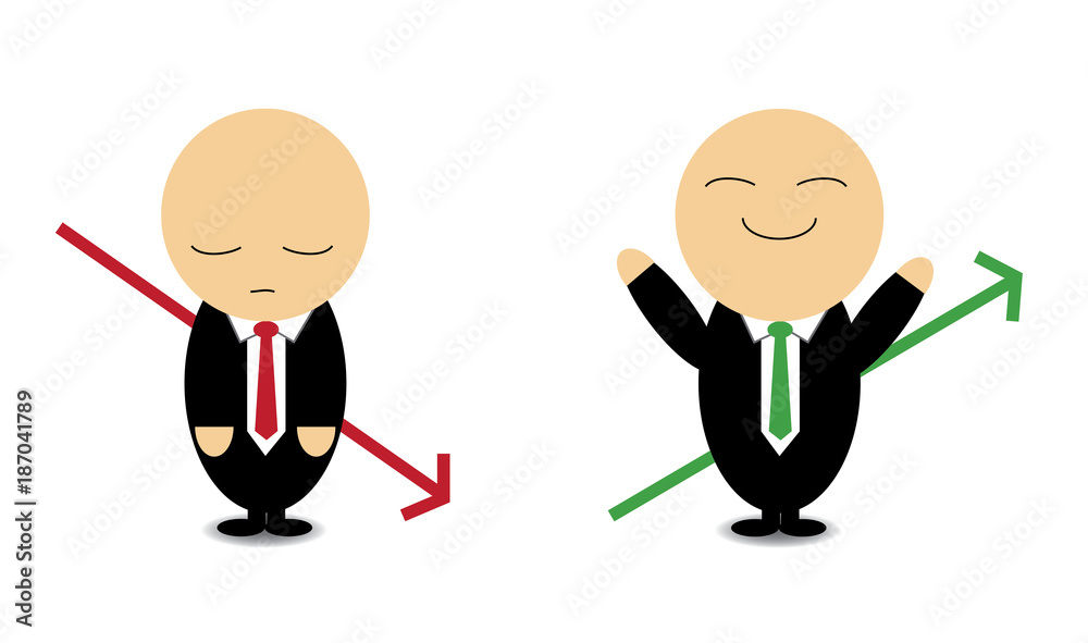 Happy and sad businessmen, sales growth and drop, success and failure ...