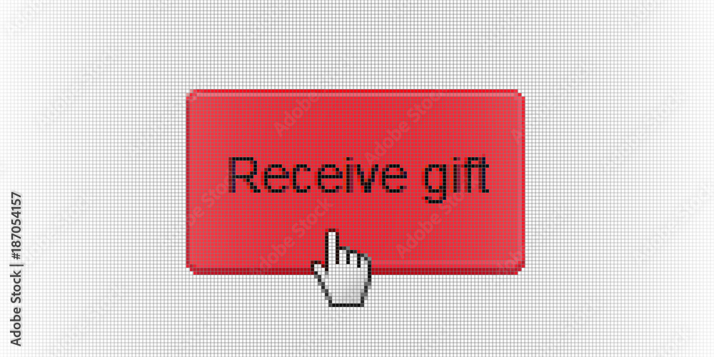 Close-Up Finger Cursor Pointing Red Button Receive Gift on Computer LCD ...
