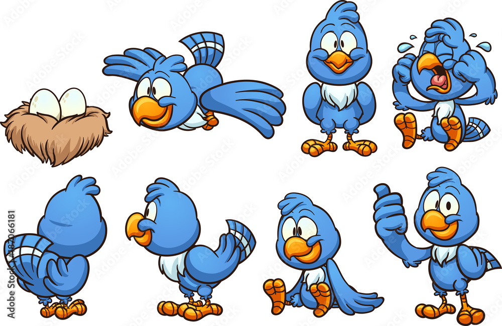 Cartoon blue bird in different positions. Vector clip art illustration ...