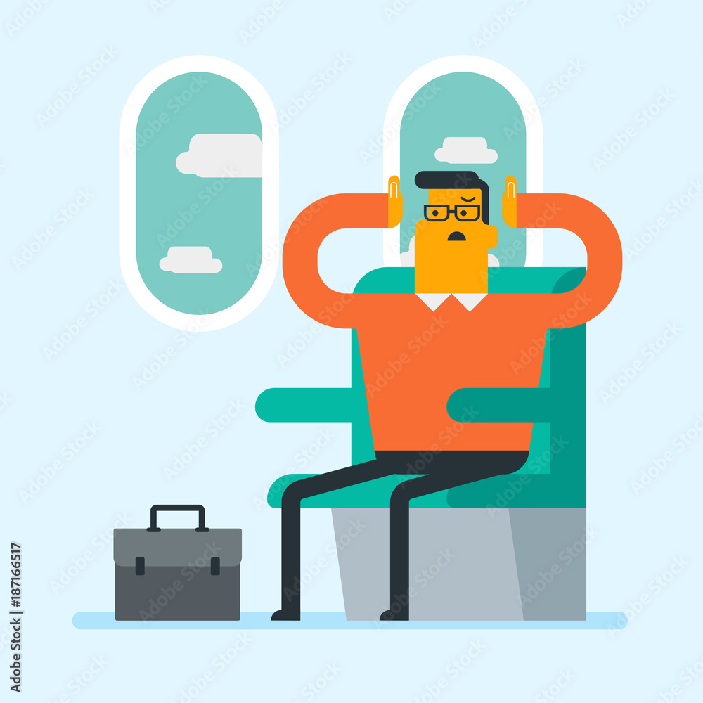 Young caucasian white man shocked by plane flight in the turbulent area ...