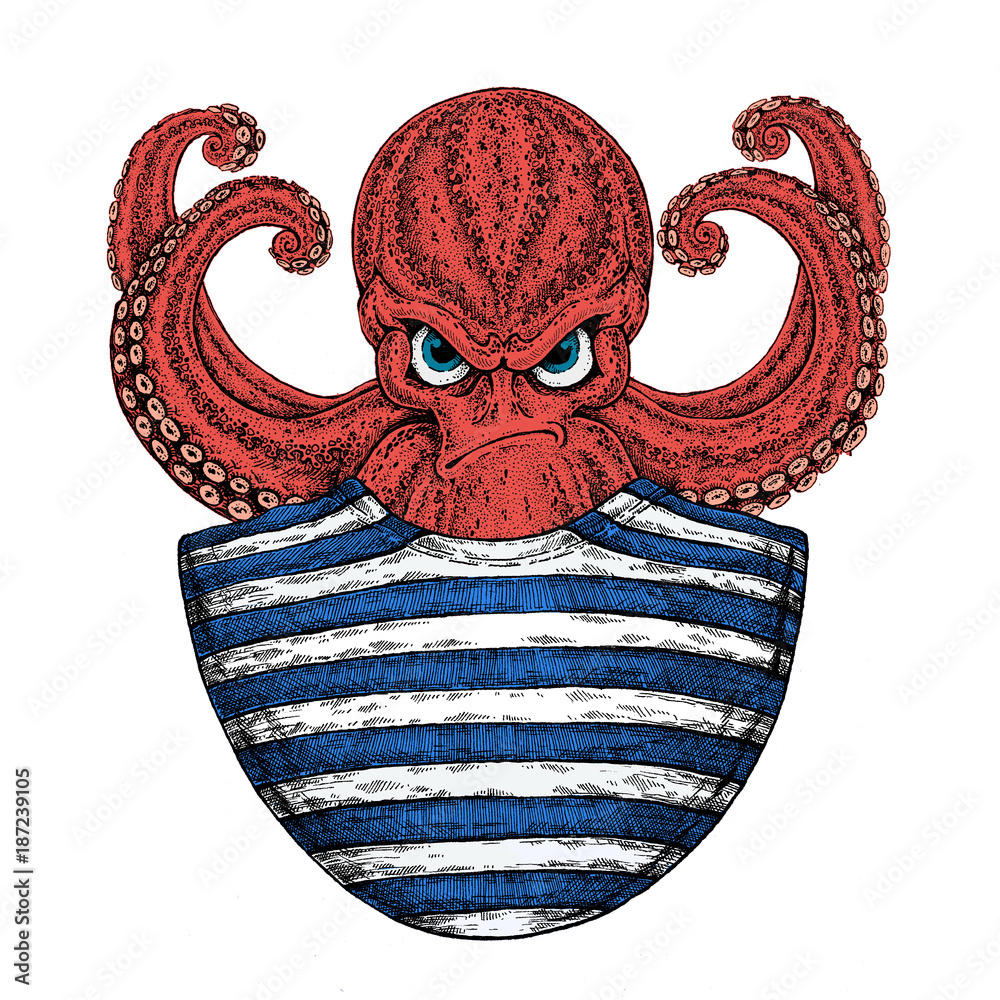 Octopus. Vintage cartoon character. Fantasy octopus sailor, navy ...