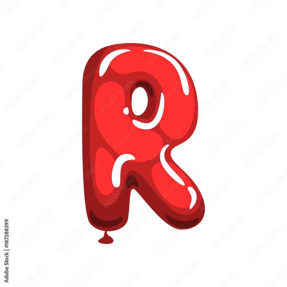 Cartoon letter R made of red air balloon. Original English alphabet ...