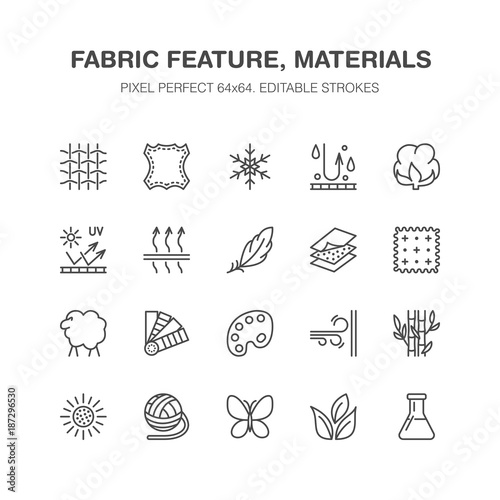 Fabric feature, clothes material vector flat line icons. Garment ...