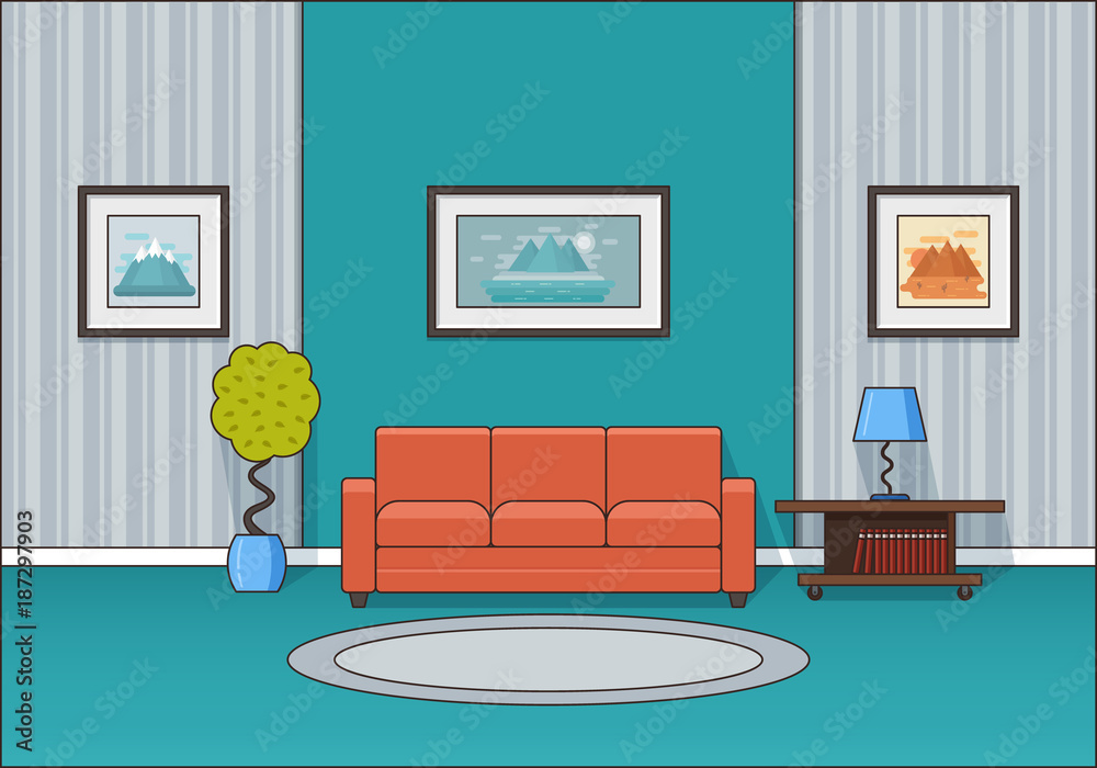 Living room interior. Room in line art flat design. Linear vector ...