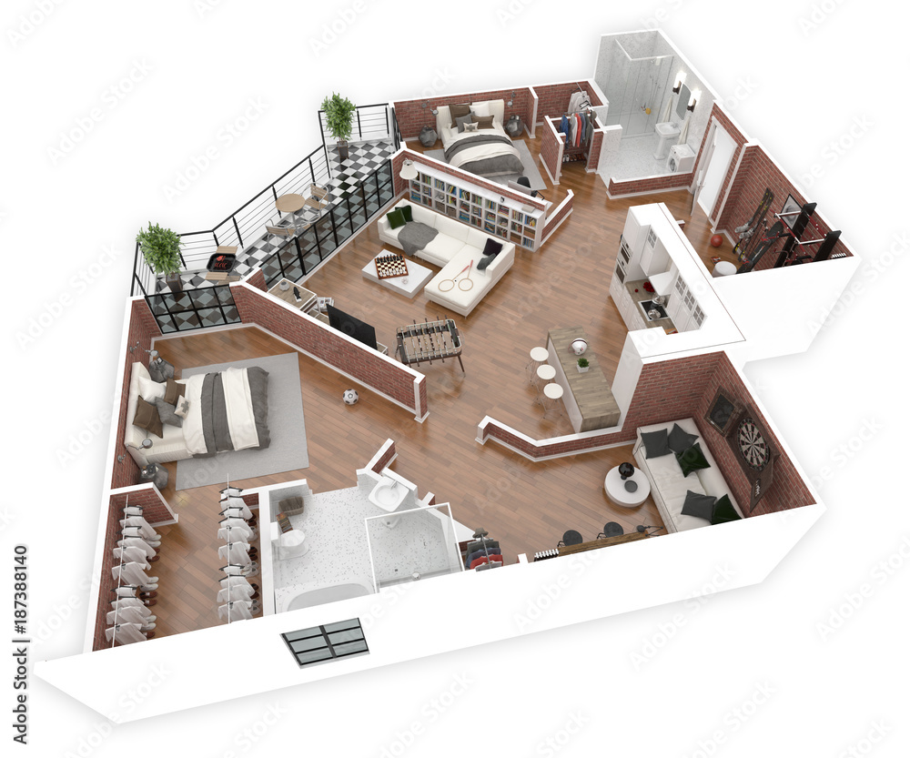 Floor plan of a house top view 3D illustration. Open concept living ...