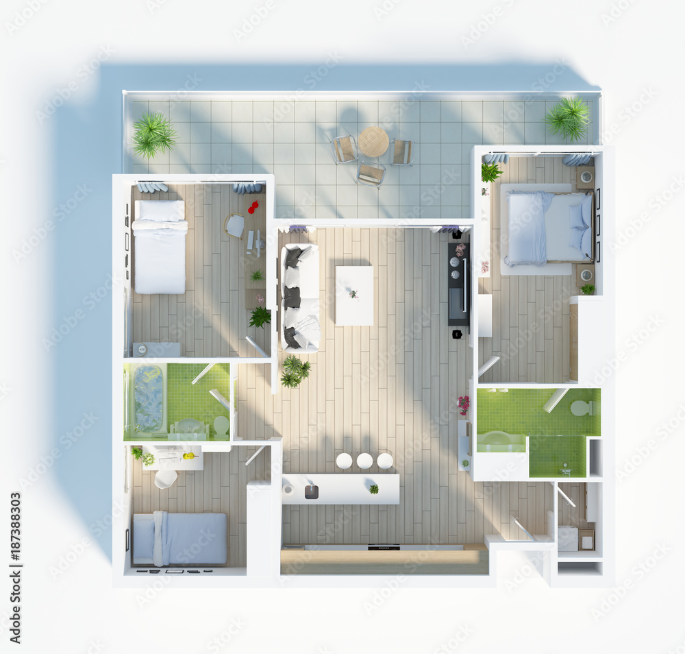 Floor plan of a house top view 3D illustration. Open concept living ...