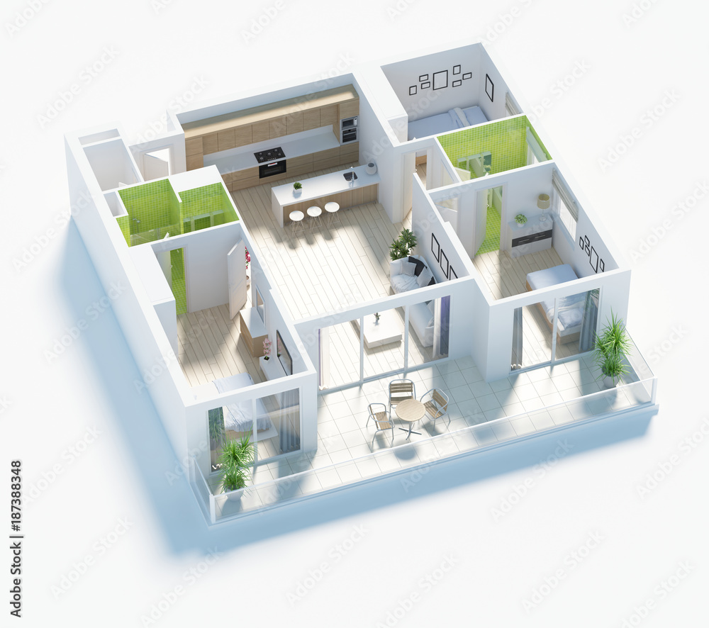 Floor plan of a house top view 3D illustration. Open concept living ...