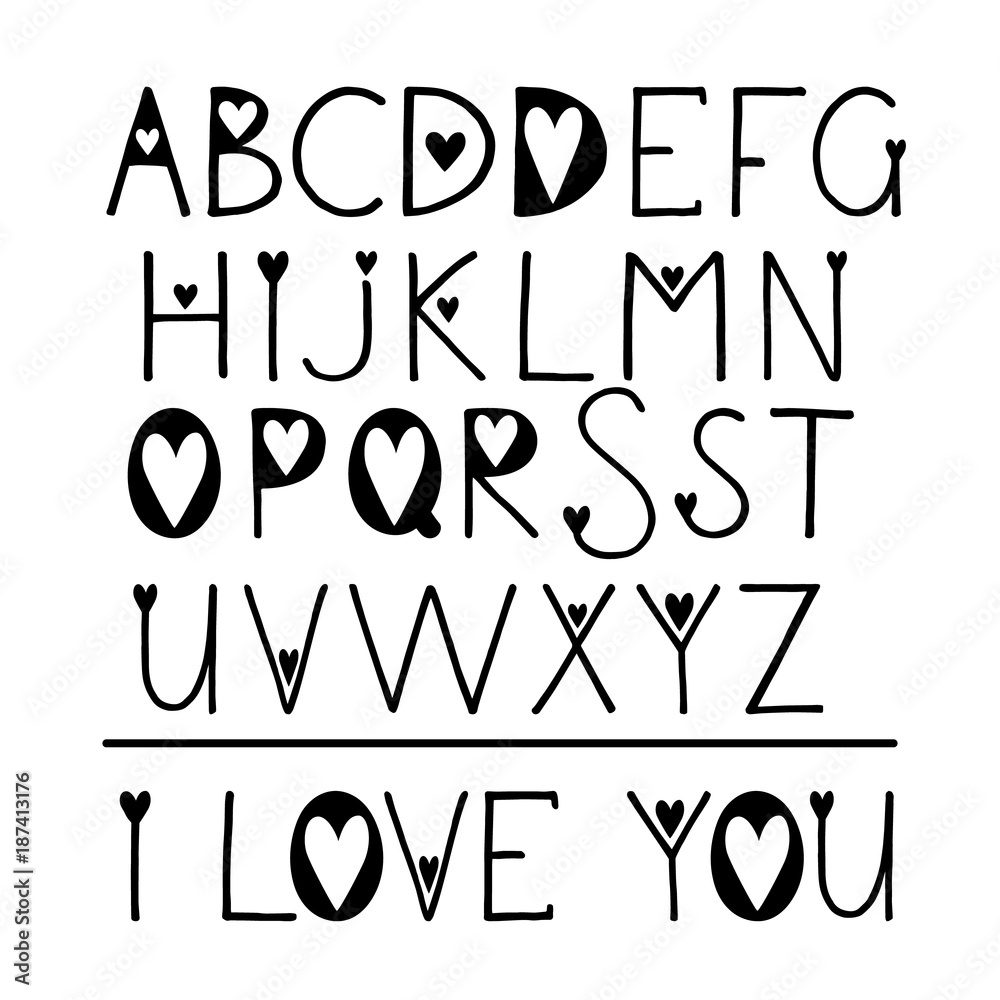 Latin handwritten alphabet with hearts, you can use for postcards and ...