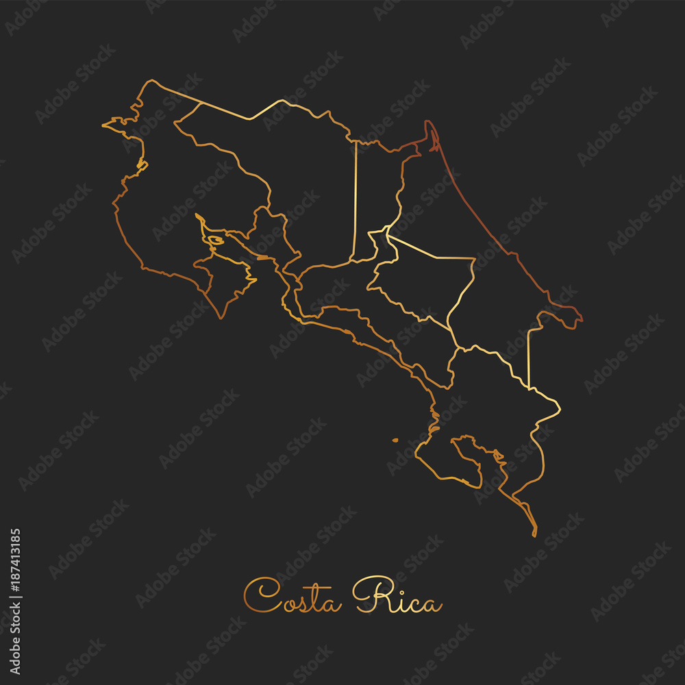 Costa Rica region map: golden gradient outline on dark background ...