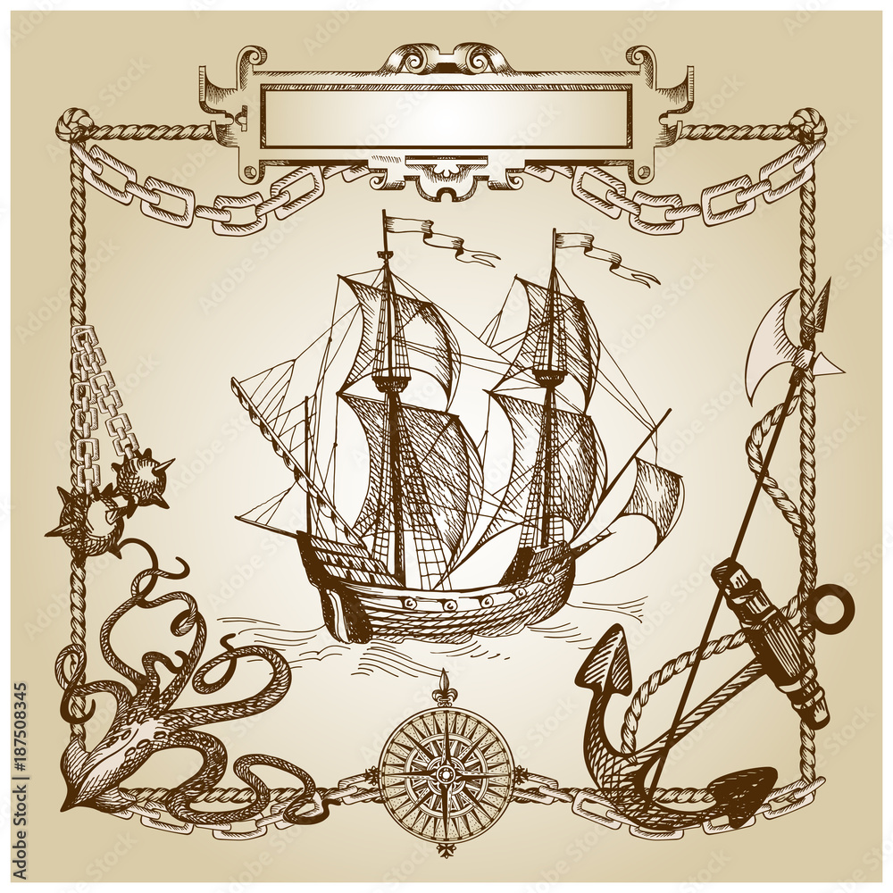 Adventure stories. Pirate background. Vintage border frame. Old caravel ...