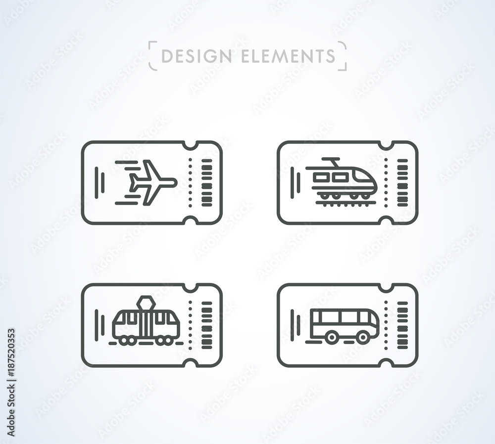 Vector transportation tickets set. Train, Plane, Tram, Bus. Public ...