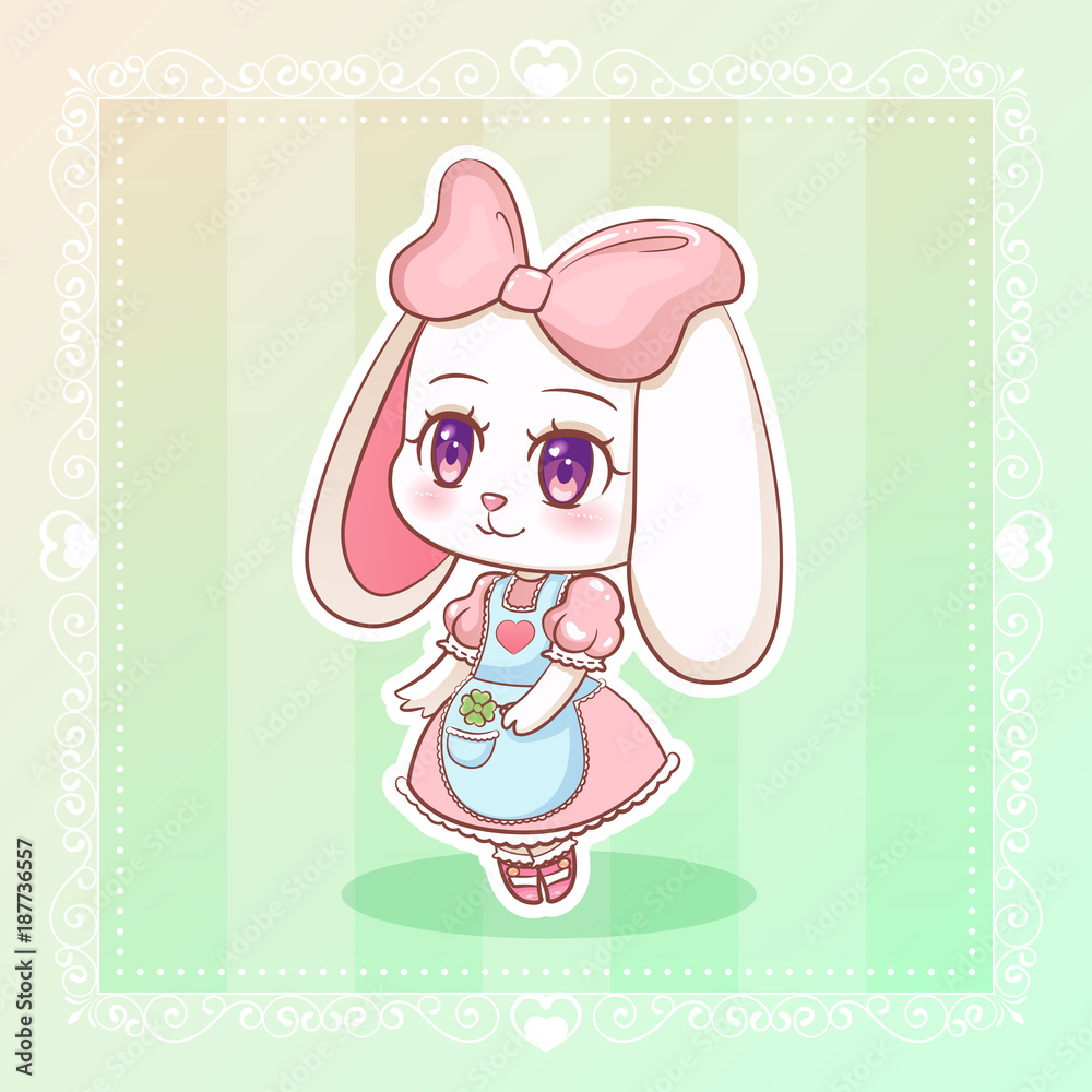 Vetor Sweet rabbit Little cute kawaii anime cartoon bunny girl in dress ...
