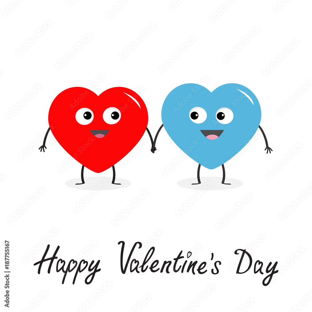 Happy Valentines day sign symbol. Red blue heart family couple set face ...