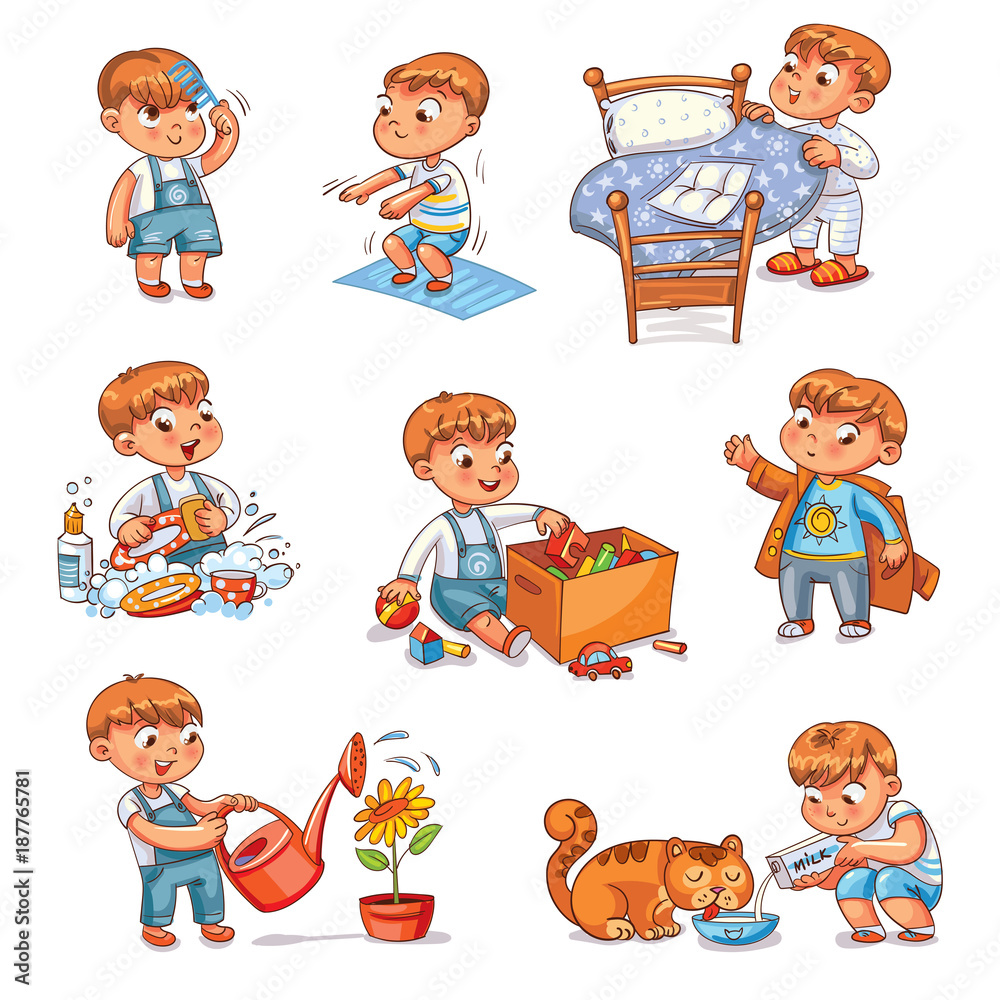 Cartoon kid daily routine activities set Stock Vector | Adobe Stock