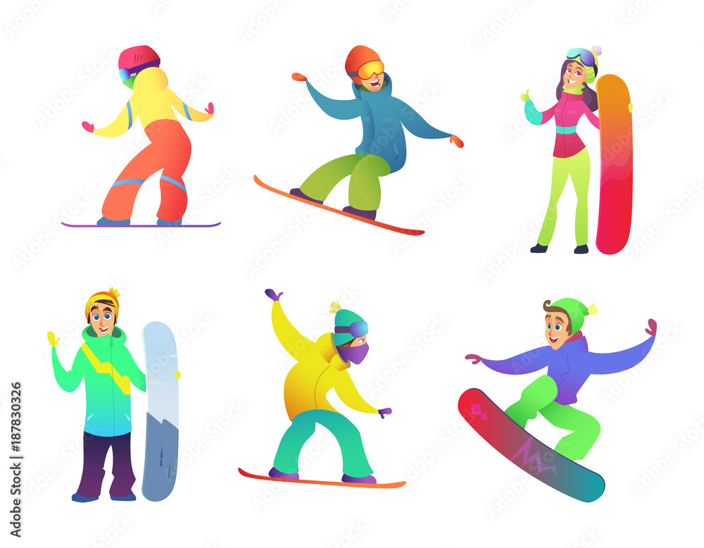 Snowboard characters collection. Vector cartoon illustration set Stock ...