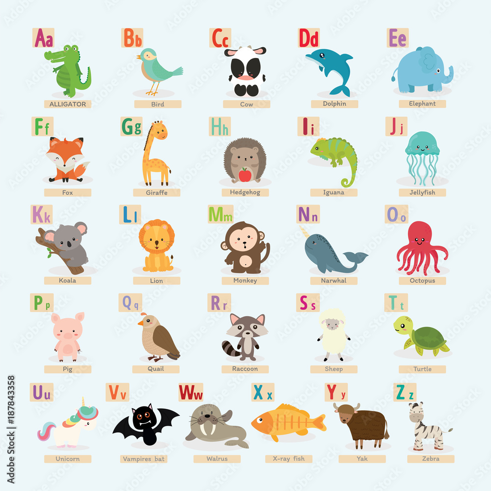 Stockvector set of cute animal alphabet. | Adobe Stock