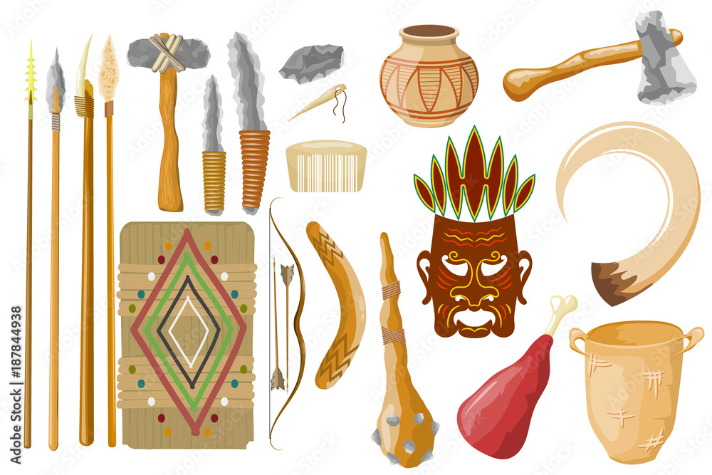 Ancient tools set isolated on white background. Hunting and military ...