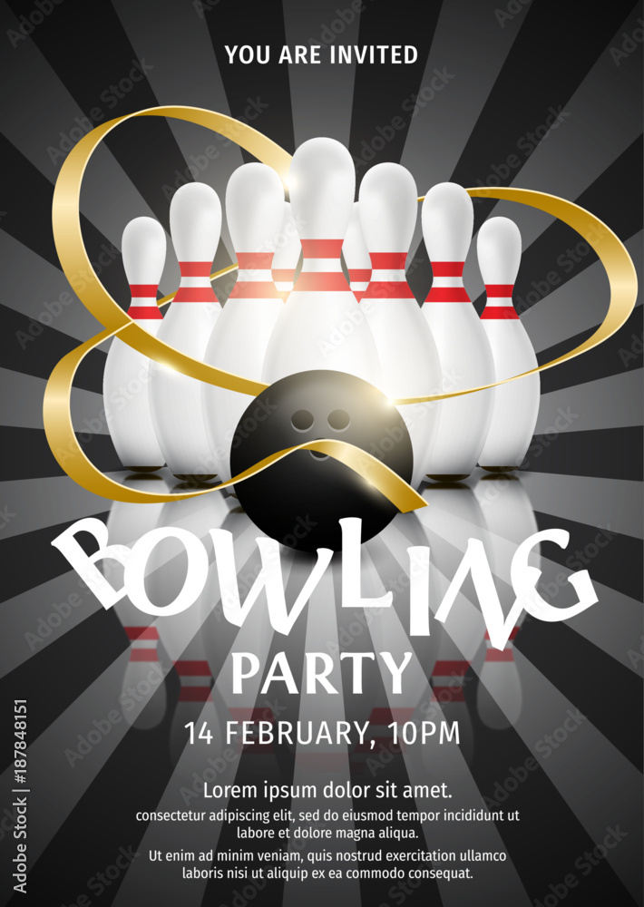 Bowling Party Flyer Template Illustration. Bright Bowling tournament ...