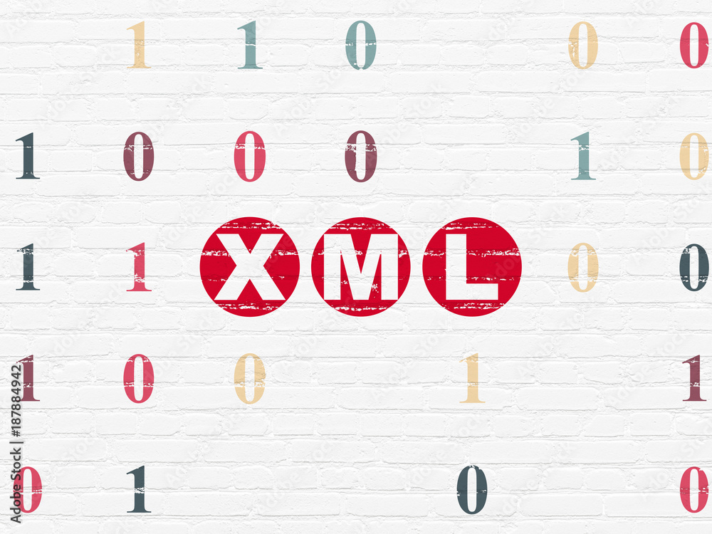 Programming concept: Painted red text Xml on White Brick wall background with Binary Code Stock ...