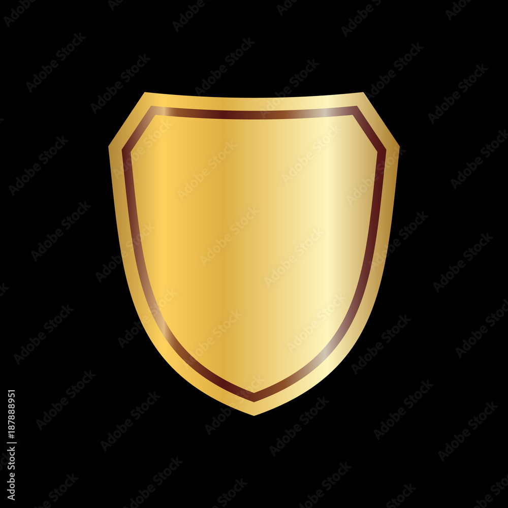 Gold shield shape icon. 3D golden emblem sign isolated on black ...