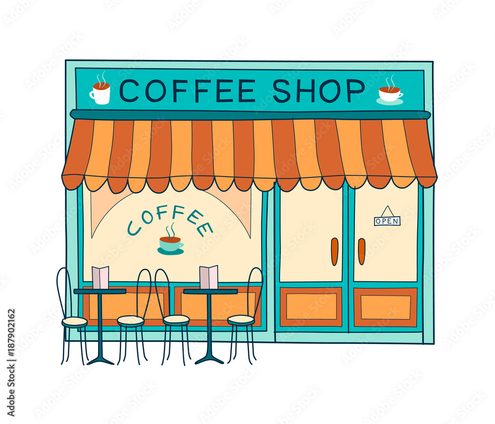 Coffee shop front vector illustration on hand drawn style. Colorful ...