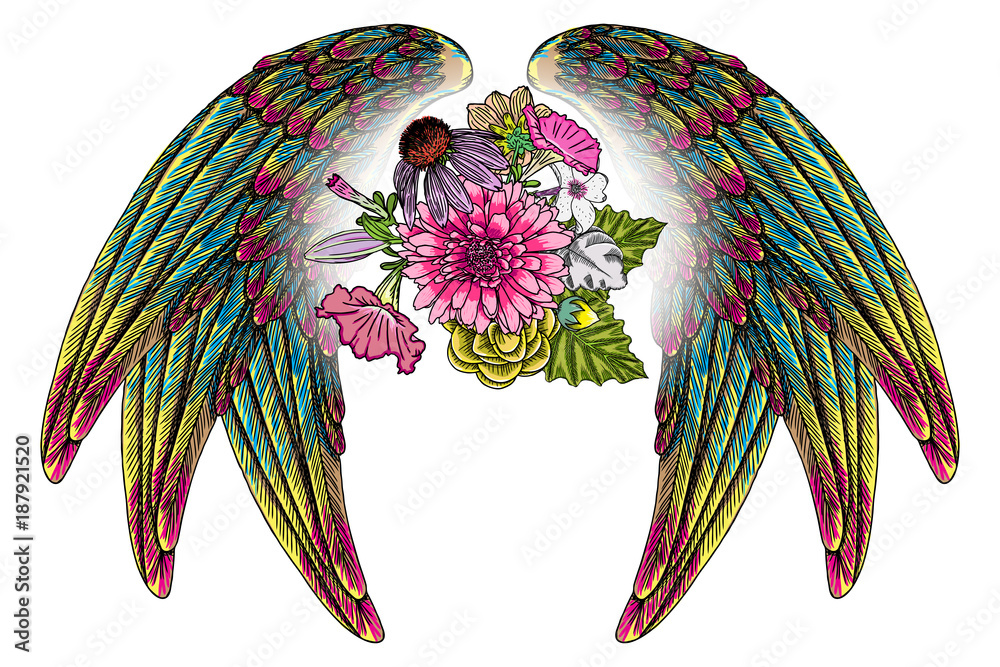 Beautiful illustration with lily, roses and chamomiles flowers and ...