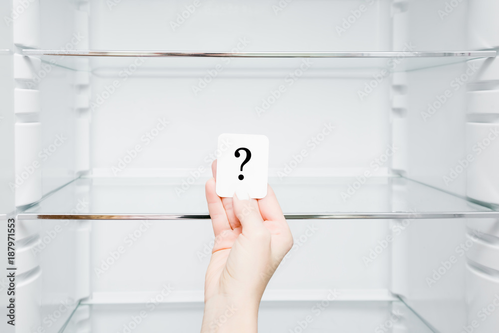 Opened empty fridge. Hand holding question mark. There is nothing to ...