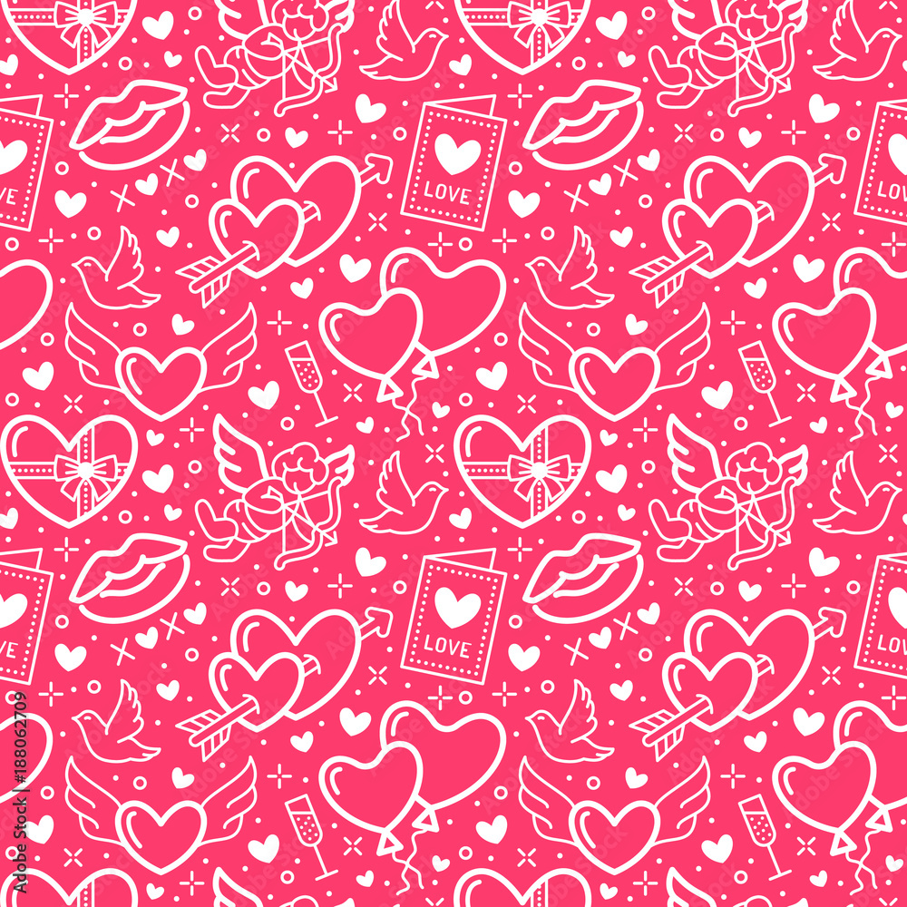 Valentines day pink seamless pattern. Love, romance flat line icons ...